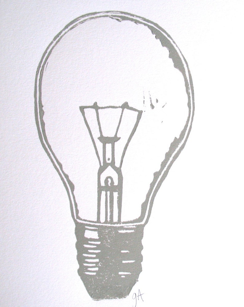 Lightbulb Linocut Print - Grey Linoleum Block Print - Nikola Tesla ...