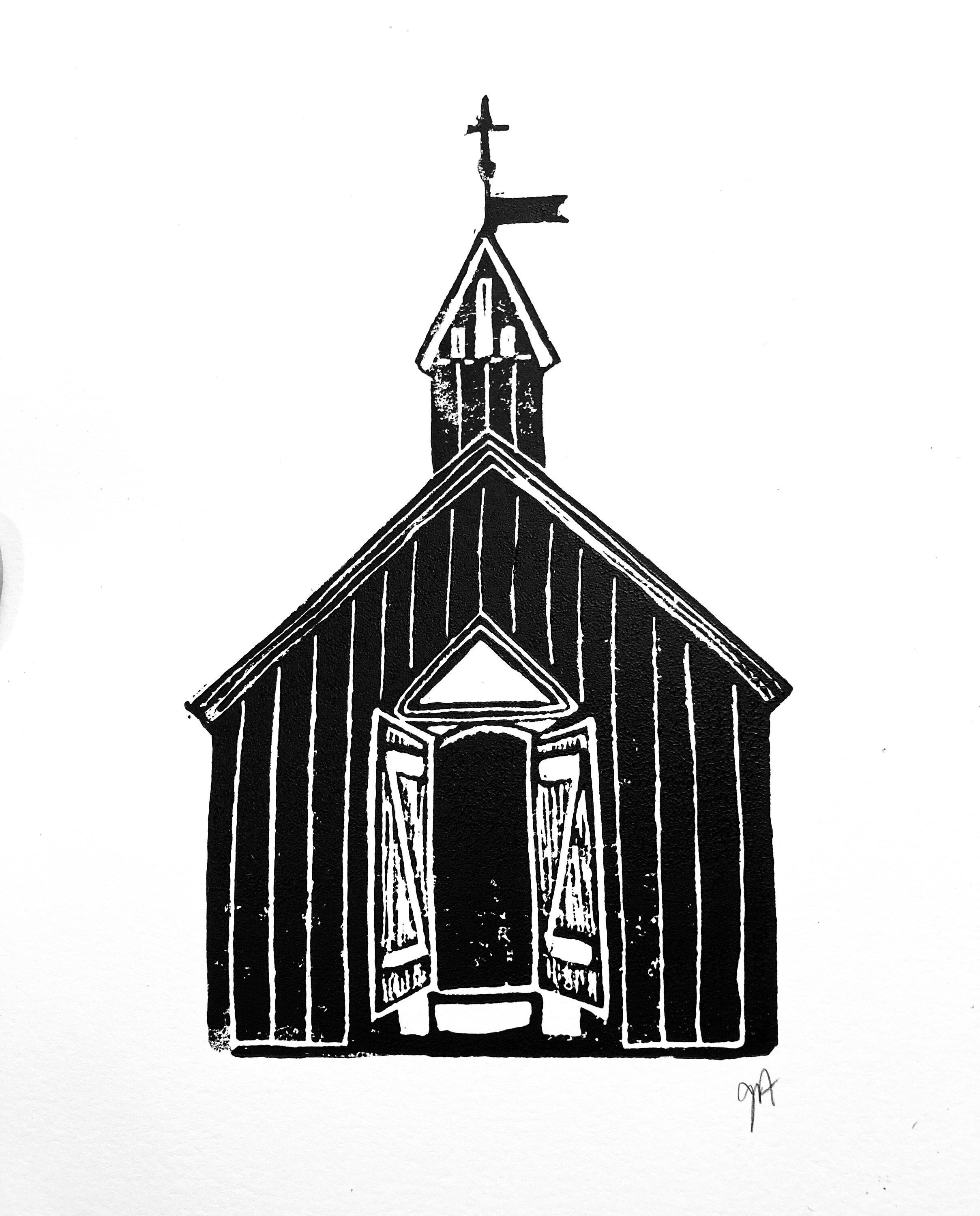 Iceland Church, Snfellsnes peninsula. Black linocut 8x10. Bakirkja ...