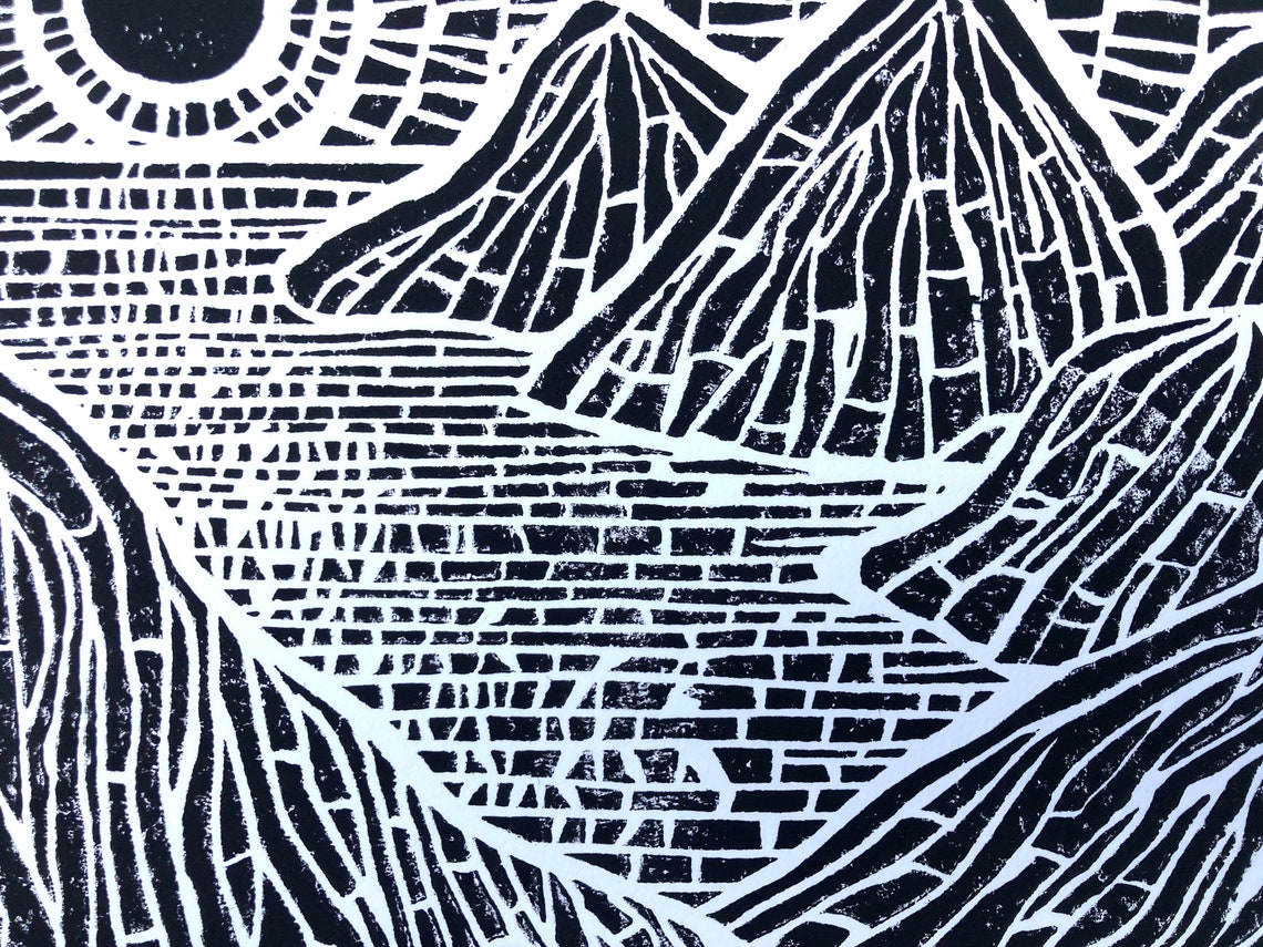 Ocean Sunset on Tropical Islands - Linocut Relief Print - Beach ...