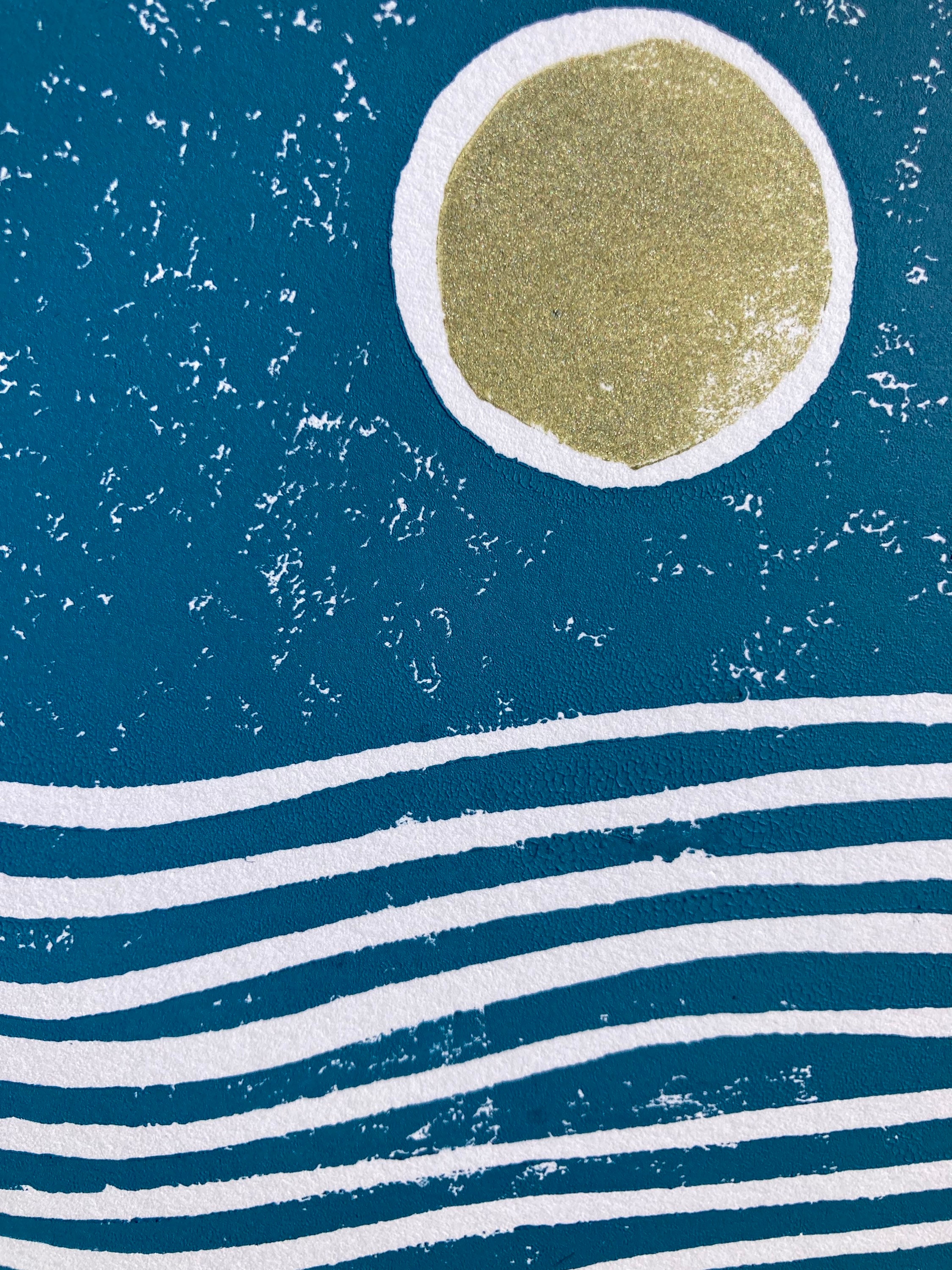Sunset on the Ocean at Night - Blue and Gold Relief Print - 8x10 ...