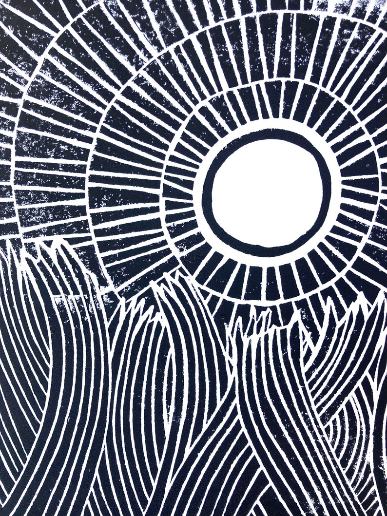 Grass Field Under a Hot Sun - Linocut Relief Print in Black and White ...