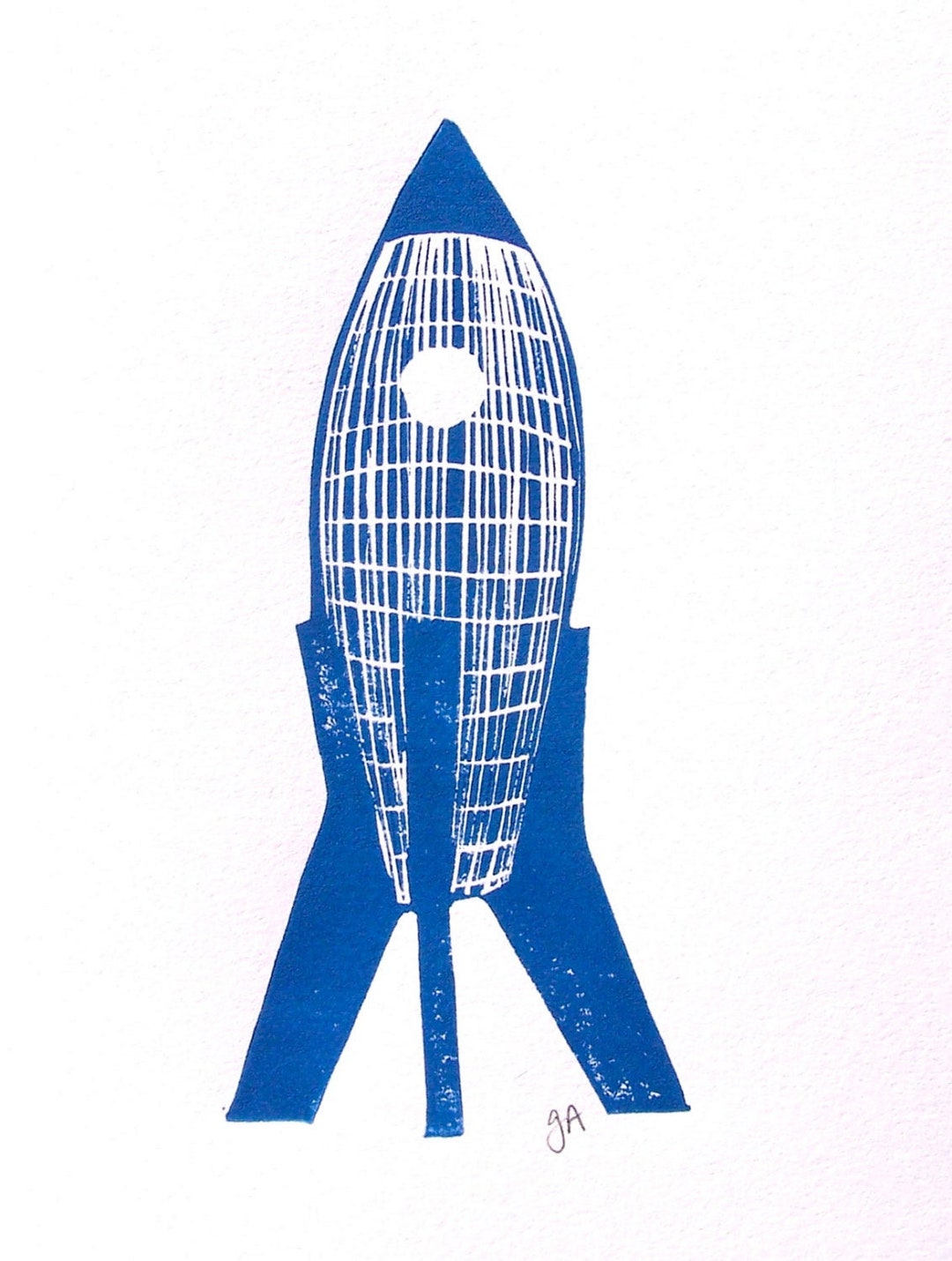 Rocket Ship Slide - Linoleum Block Print - Blue Linocut Relief ...