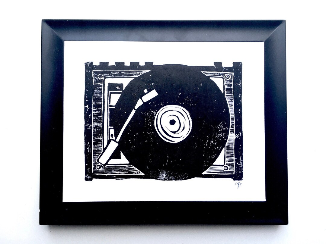 Vintage Record Player Linocut Art Print - Hand-printed Linoleum Block ...