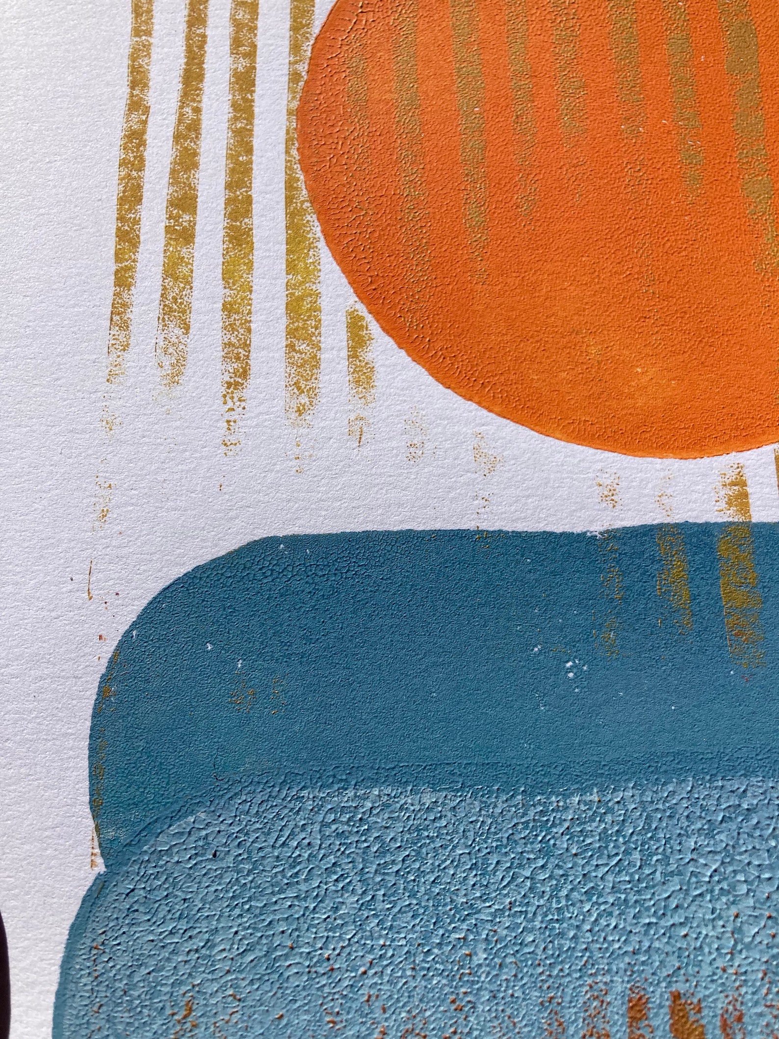 Abstract Landscape Monoprint of the Sun and Ocean in Orange and Blue ...