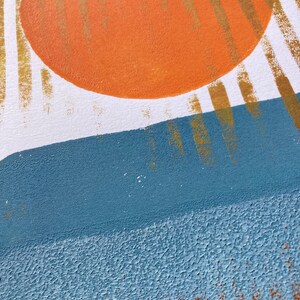 Abstract Landscape Monoprint of the Sun and Ocean in Orange and Blue ...