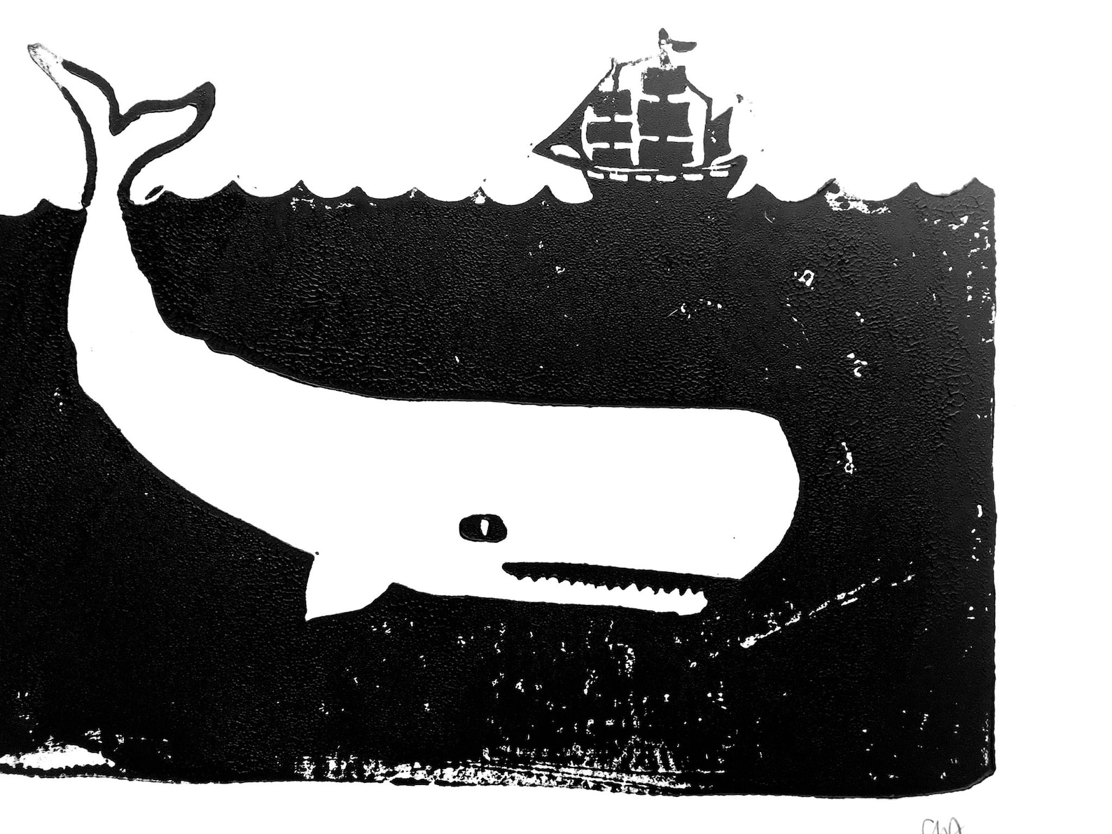 Moby Dick Print - the Elusive White Whale - Black Block Print Linocut ...