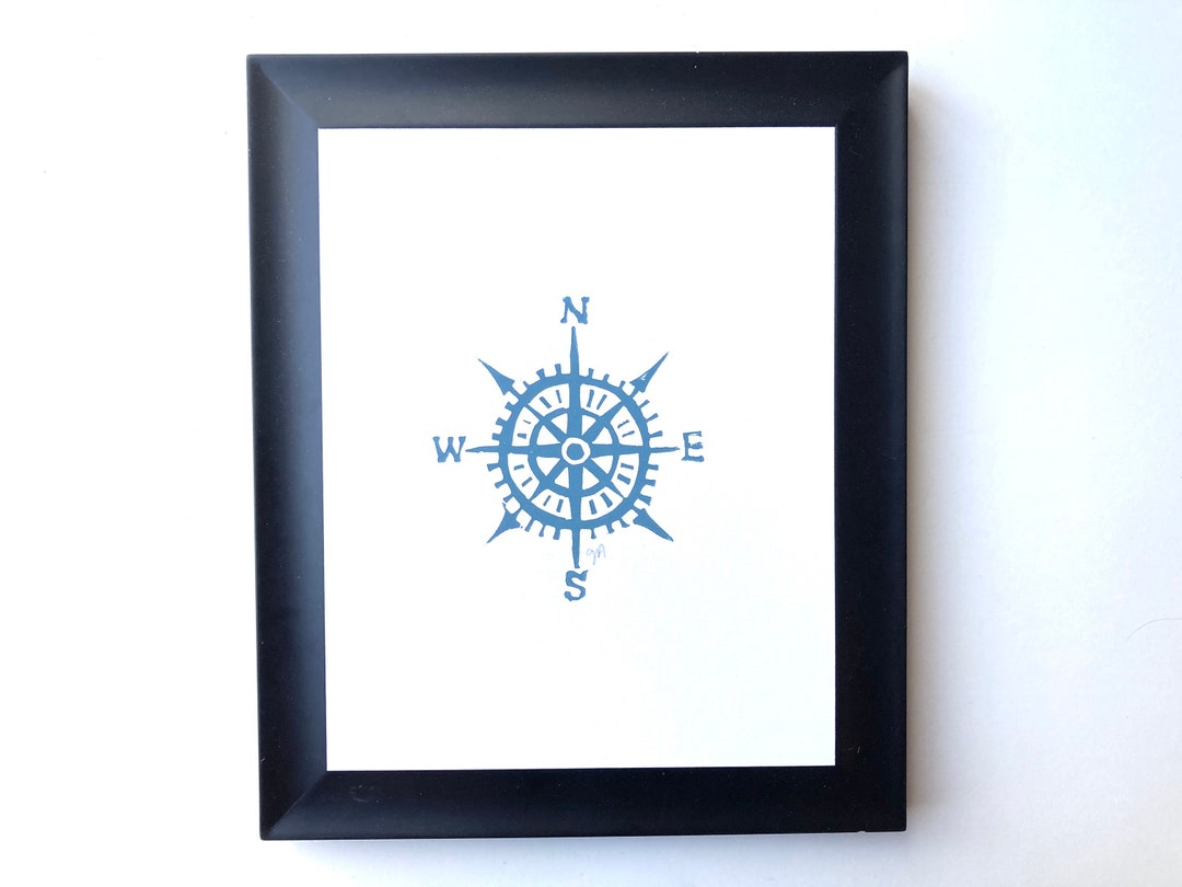 Nautical Compass Linocut Print - 8x10 Hand Pulled Minimal Maritime ...