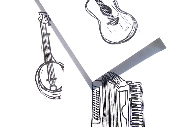 3 LINOCUT PRINTS Set of 3 Instrument Block Prints Guitar - Etsy