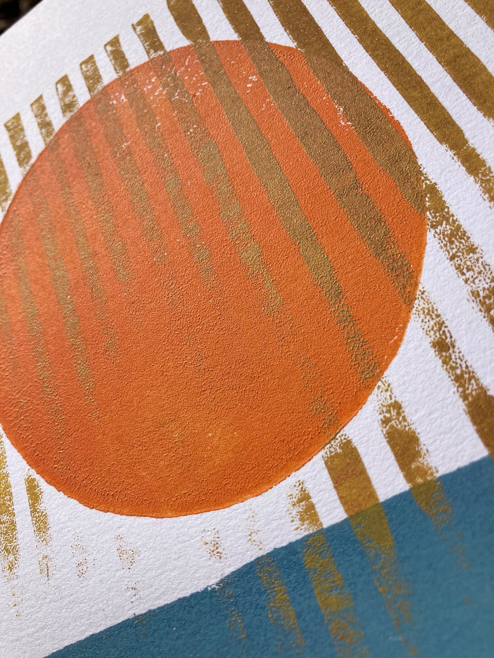 Abstract Landscape Monoprint of the Sun and Ocean in Orange and Blue ...
