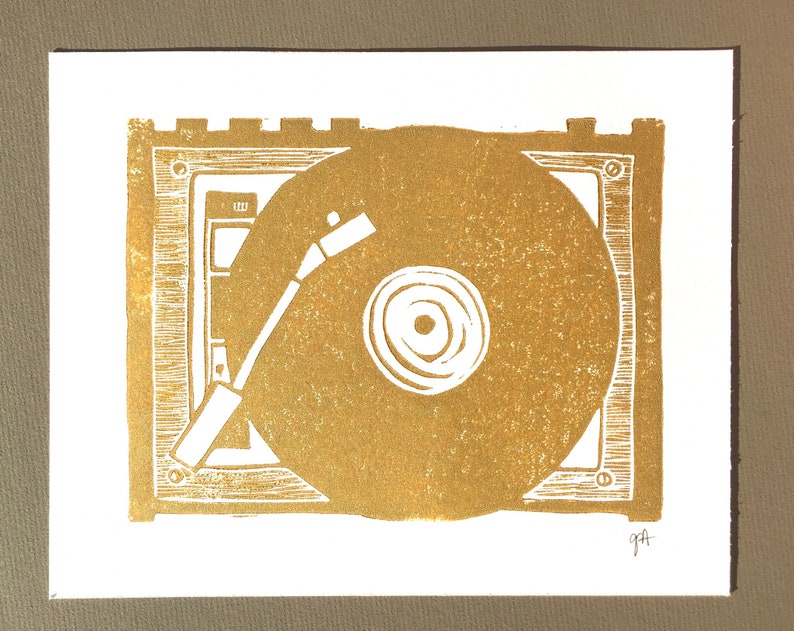 Metallic Gold Print Record Player Linoprint Hand-printed - Etsy