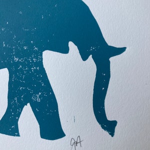 Minimal Elephant Linocut Print - Blue Grey Linoleum Block Print 8x10 ...