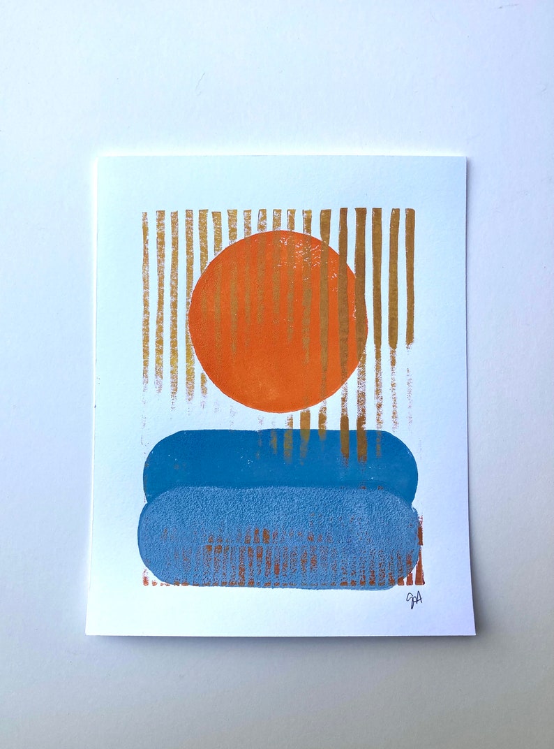 Abstract Landscape Monoprint of the Sun and Ocean in Orange and Blue ...