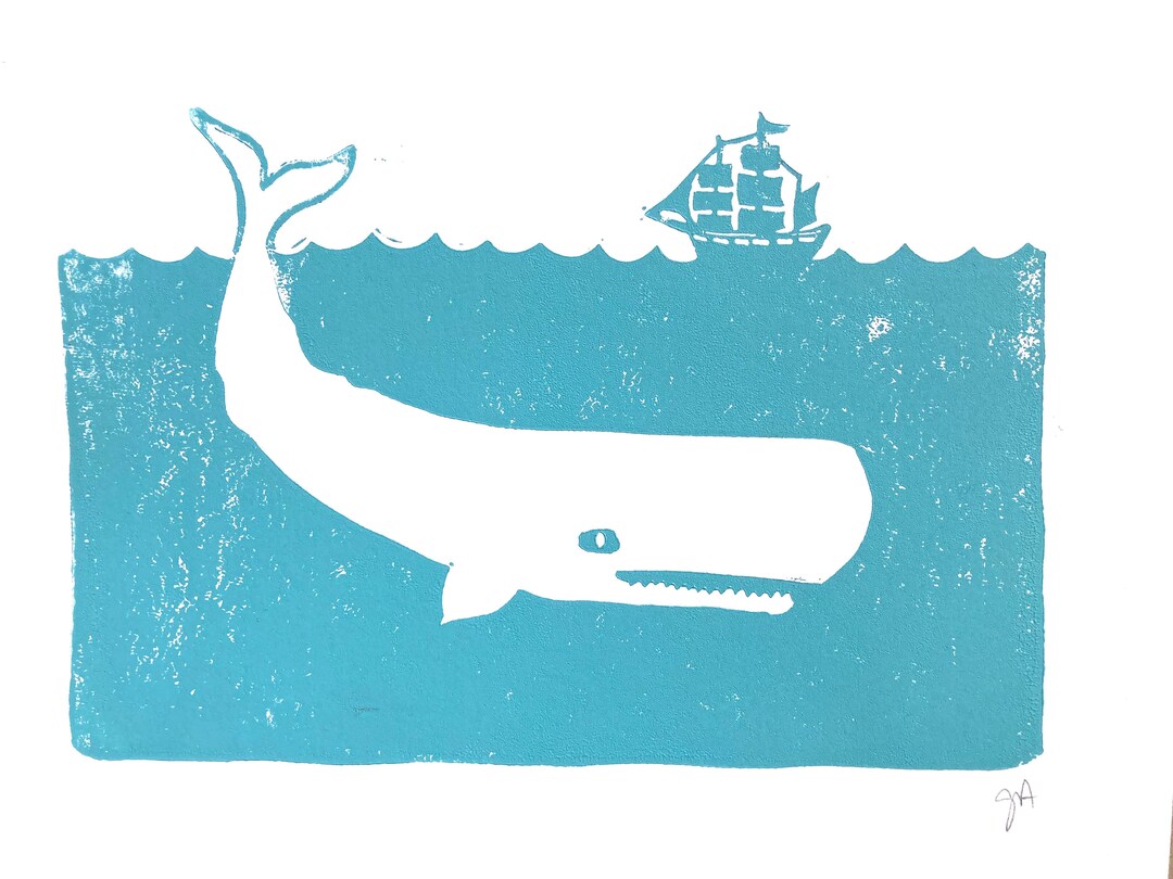 The Elusive White Whale - Moby Dick Linocut Relief Print - Light Blue ...