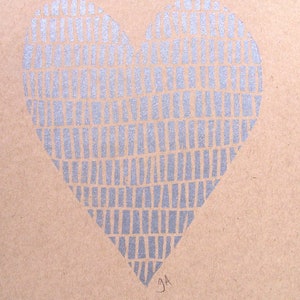 Metallic Silver Heart Print on Kraft Paper - Linocut Print - Minimal ...