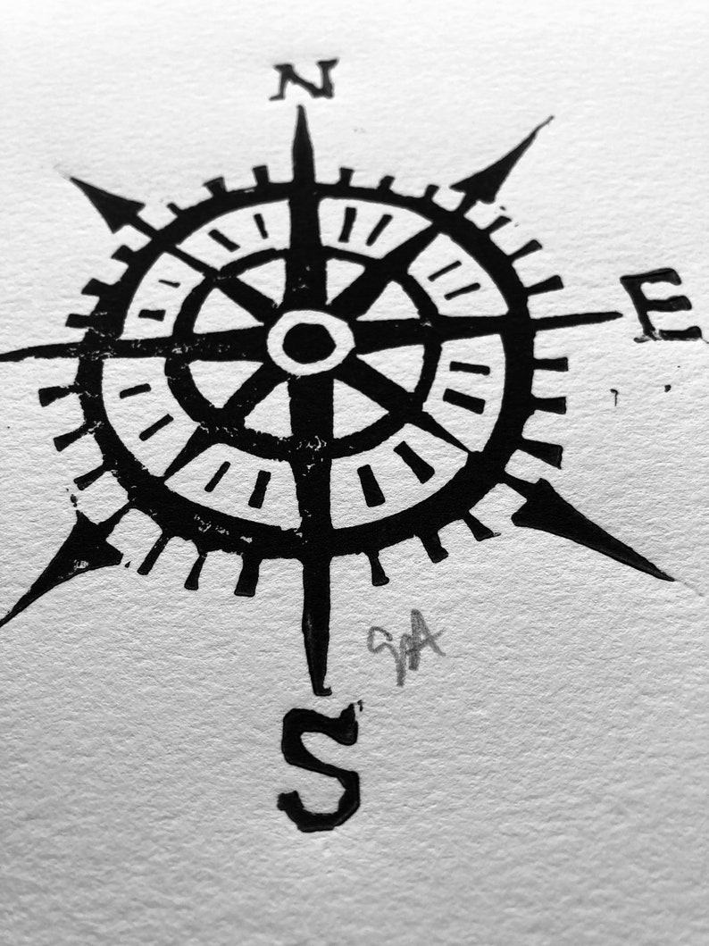 Black Compass Linoleum Block Print Minimal Linocut Nautical - Etsy