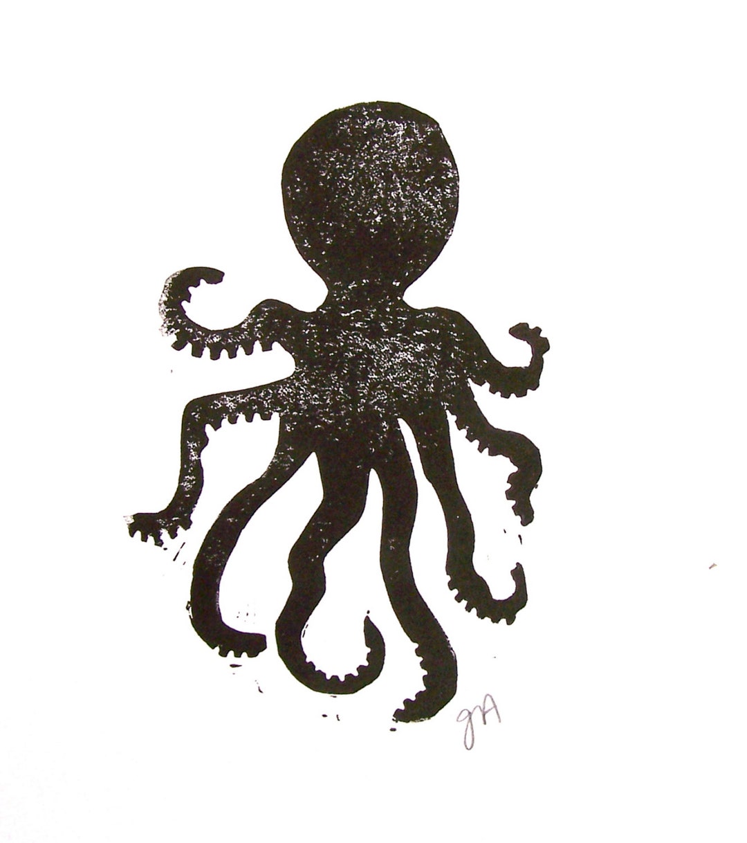 Minimal Black Octopus - Hand Pressed Linocut Poster 8x10 Nautical ...
