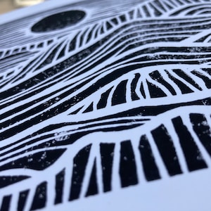 Linoleum Block Print - Sunrise on the Mountains - Minimal Black 8x10 ...
