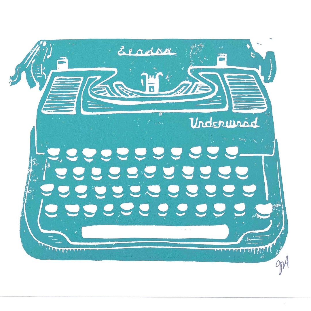Vintage Underwood Typewriter Linocut Print in Turquoise Blue - Linoleum ...