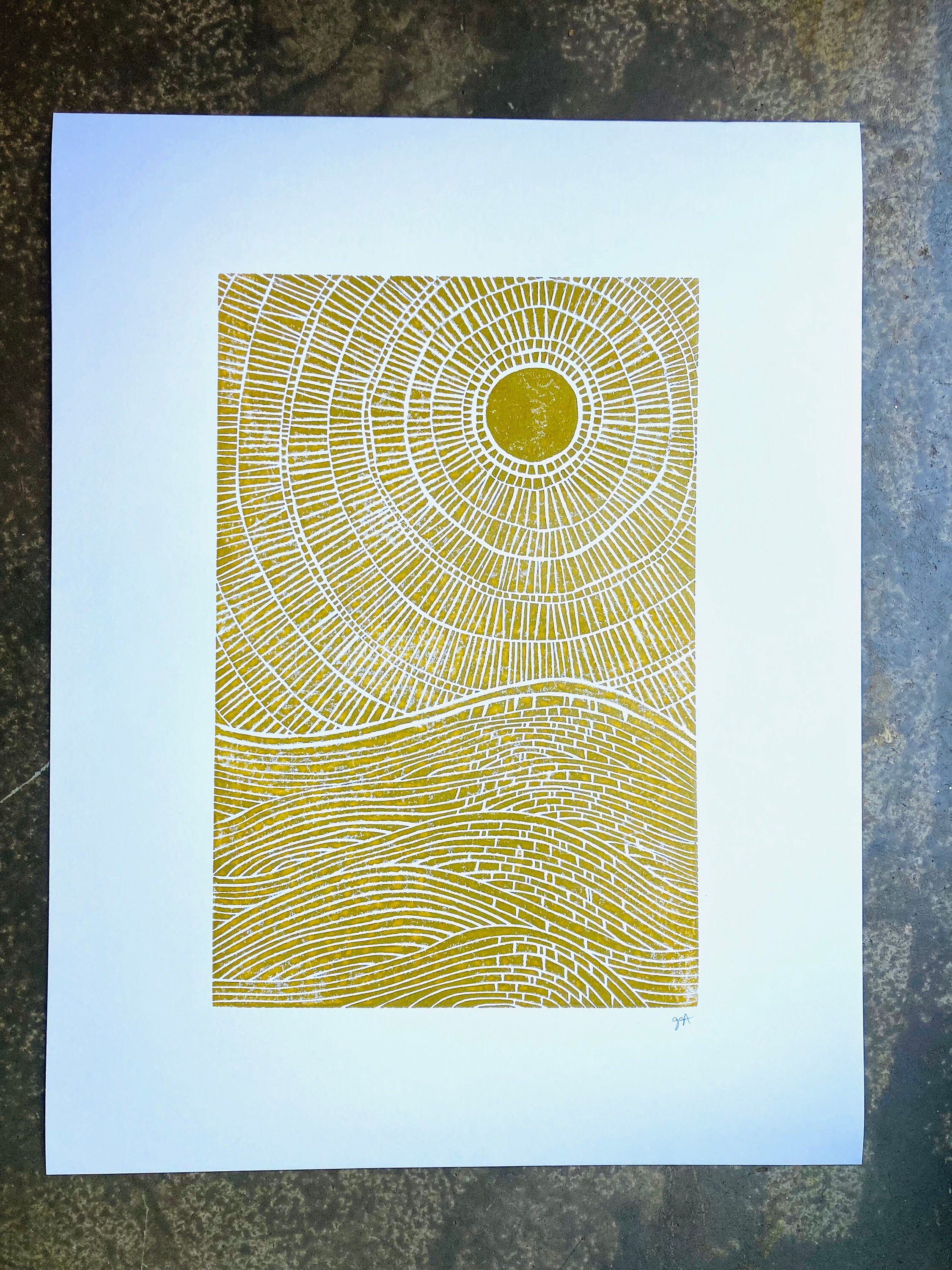 BIG Poster - Sunset on the Ocean - Hand-pressed Linocut Print Minimal ...