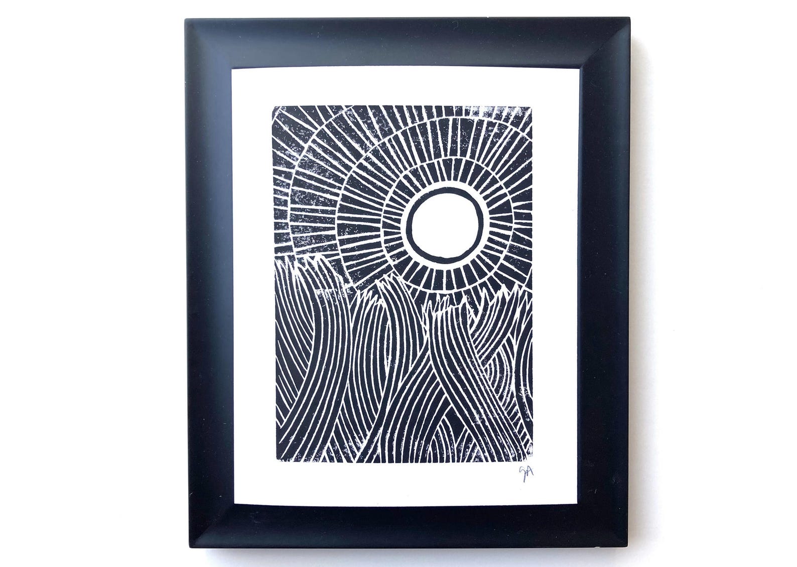 Grass Field Under a Hot Sun - Linocut Relief Print in Black and White ...