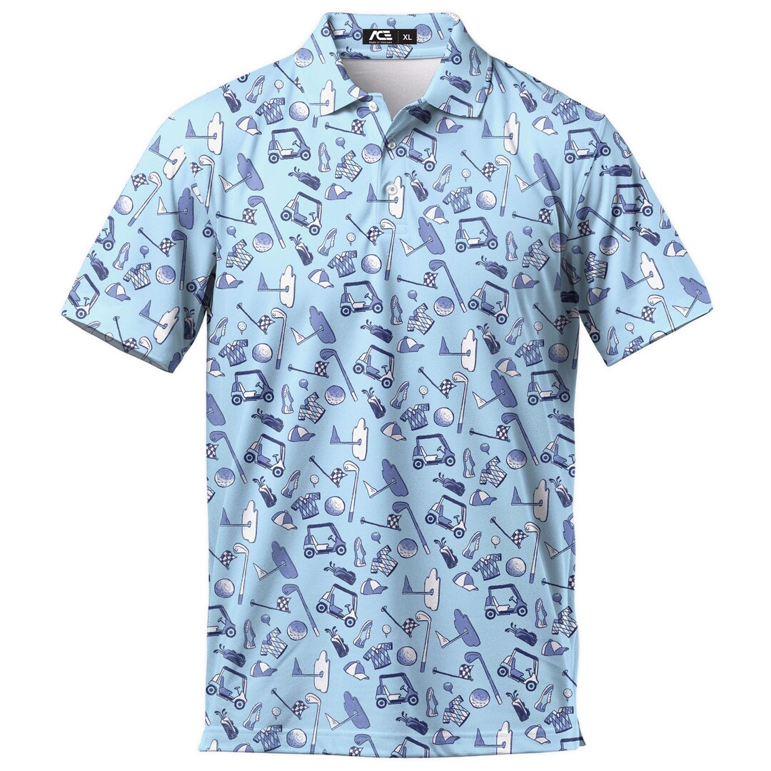 Funny Golf Pattern Polo Shirts for Men Golf Polos Blue Vintage Mens ...