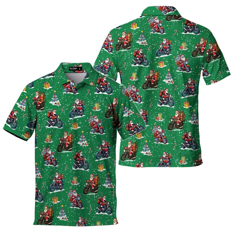 Santa and Reindeer on Motocycle Christmas Polo Shirts for Men Golf ...