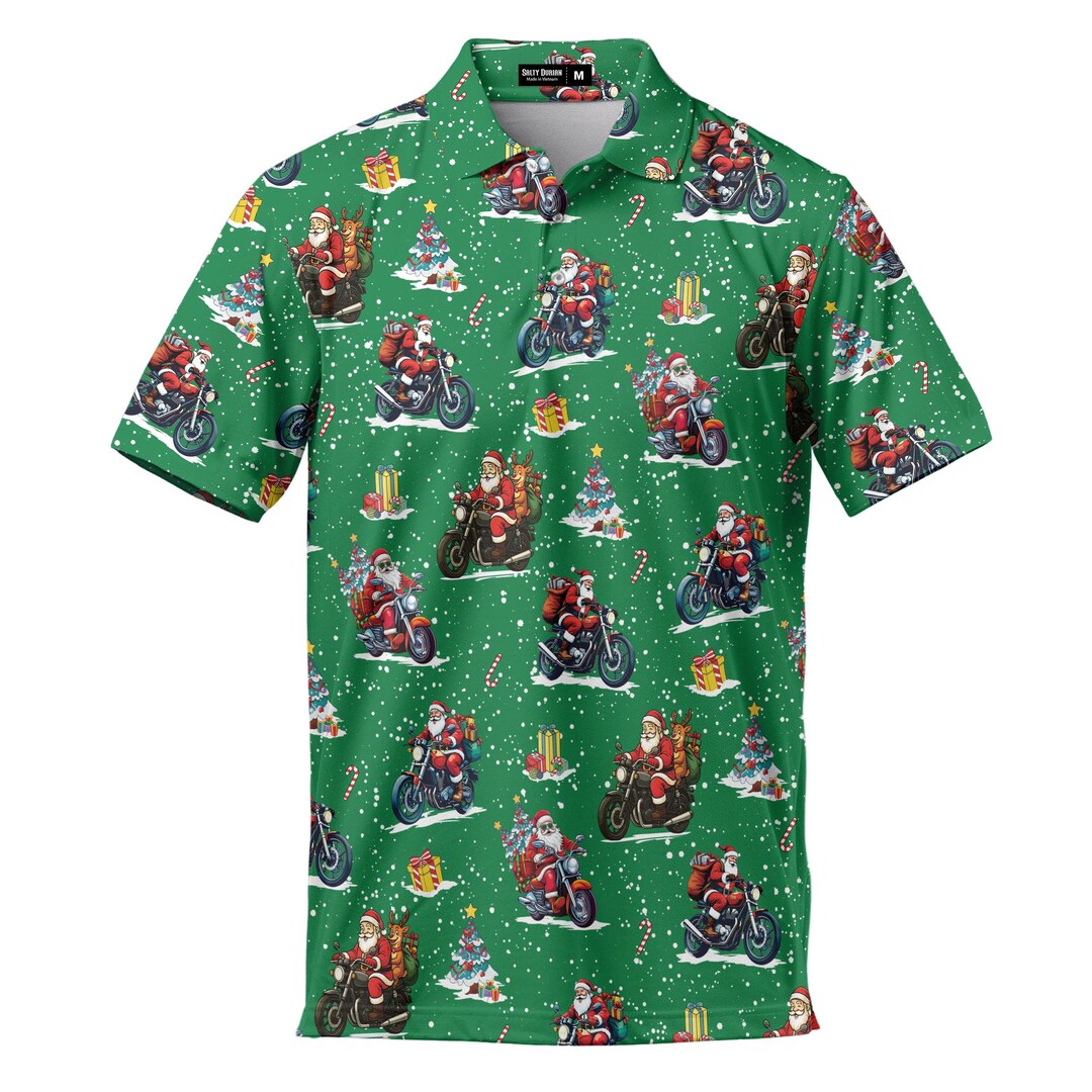 Santa and Reindeer on Motocycle Christmas Polo Shirts for Men Golf ...