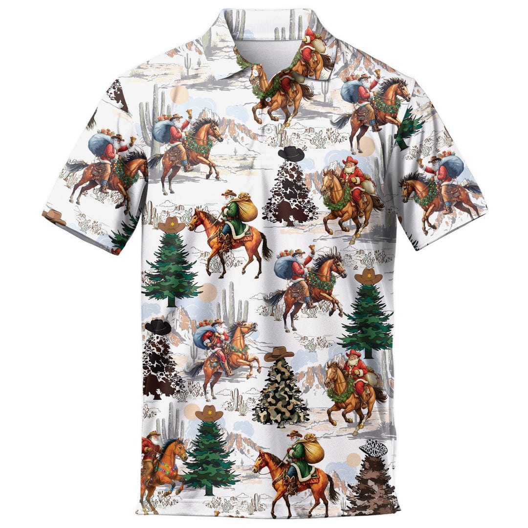 Cowboy Santa Riding Horse Christmas Polo Shirts for Men Golf Polos Xmas ...