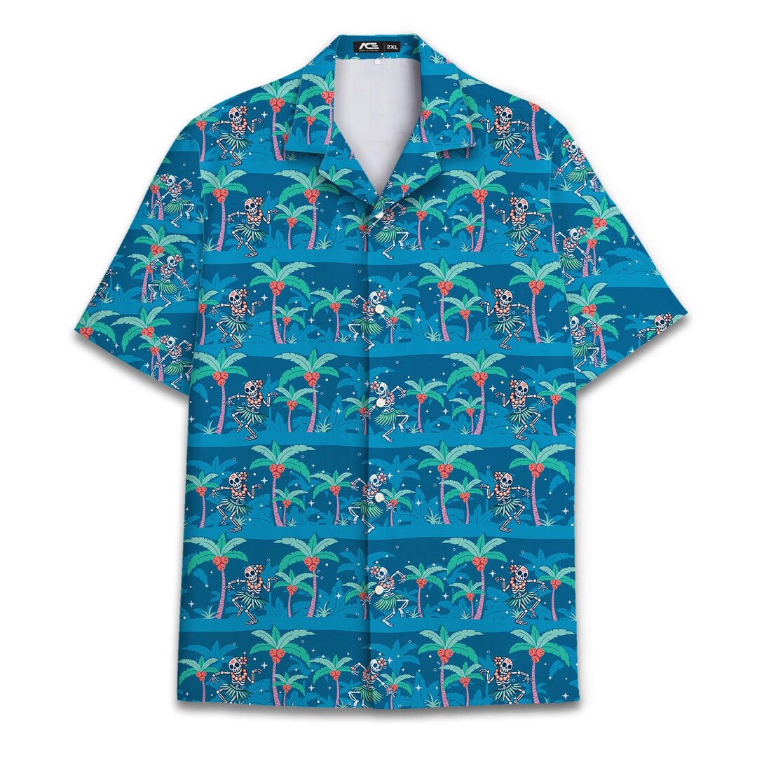 Funny Tropical Skeleton Hula Dance Hawaiian Shirt for Men Palm Tree ...