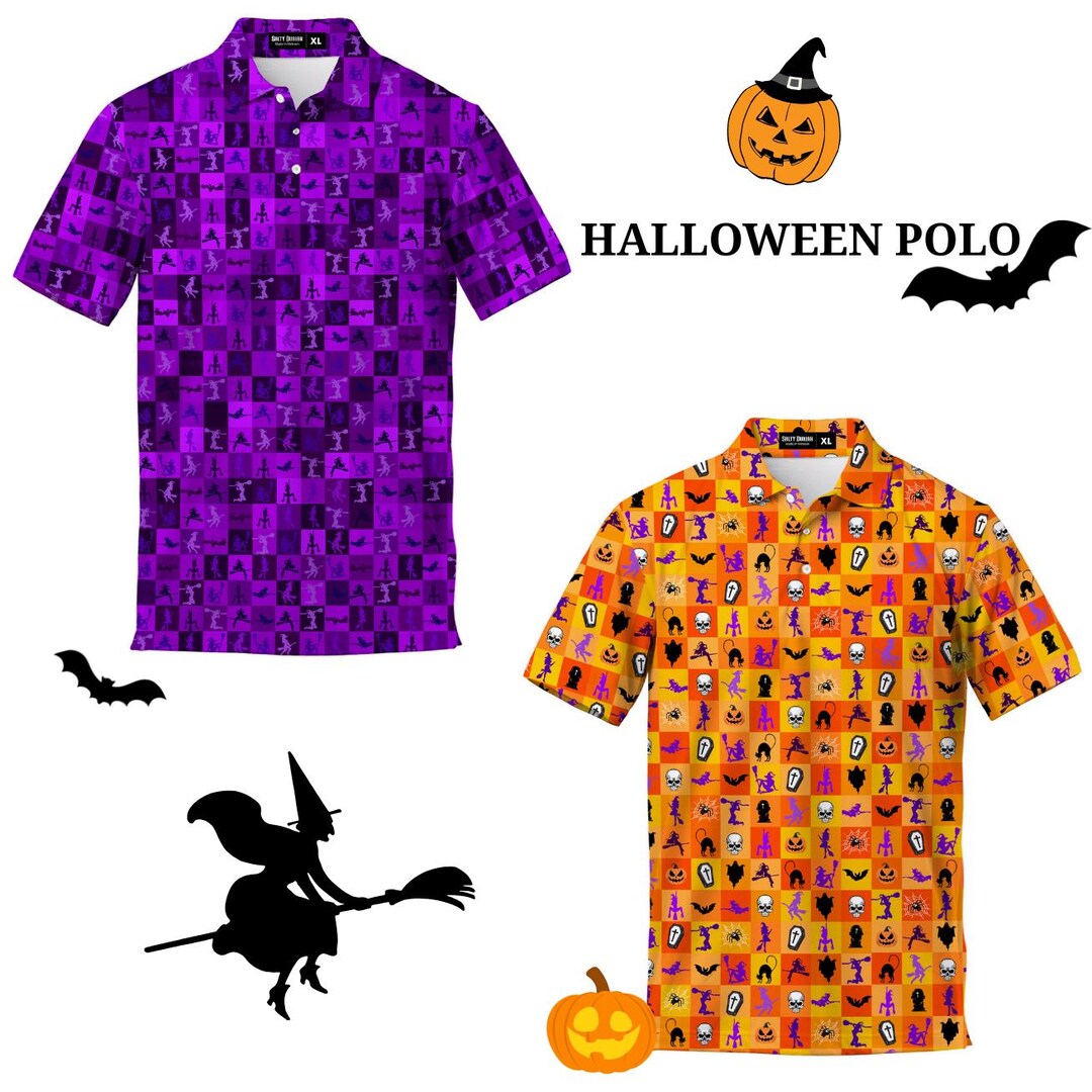 Halloween Pattern Witch Polo Shirts for Men Pumpkin Witch Skull Spooky ...