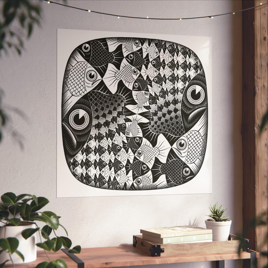 Escher Fishes and Scales Print: Op Art Tessellation, Surrealist Decor ...