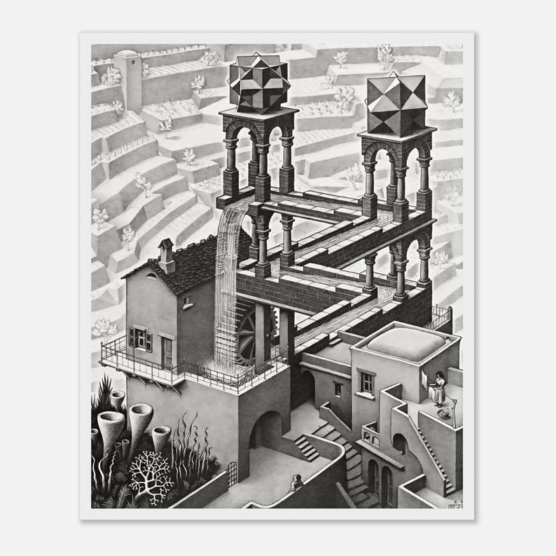M.C. Escher Waterfall - Surrealist Optical Illusion Digital Art Print ...