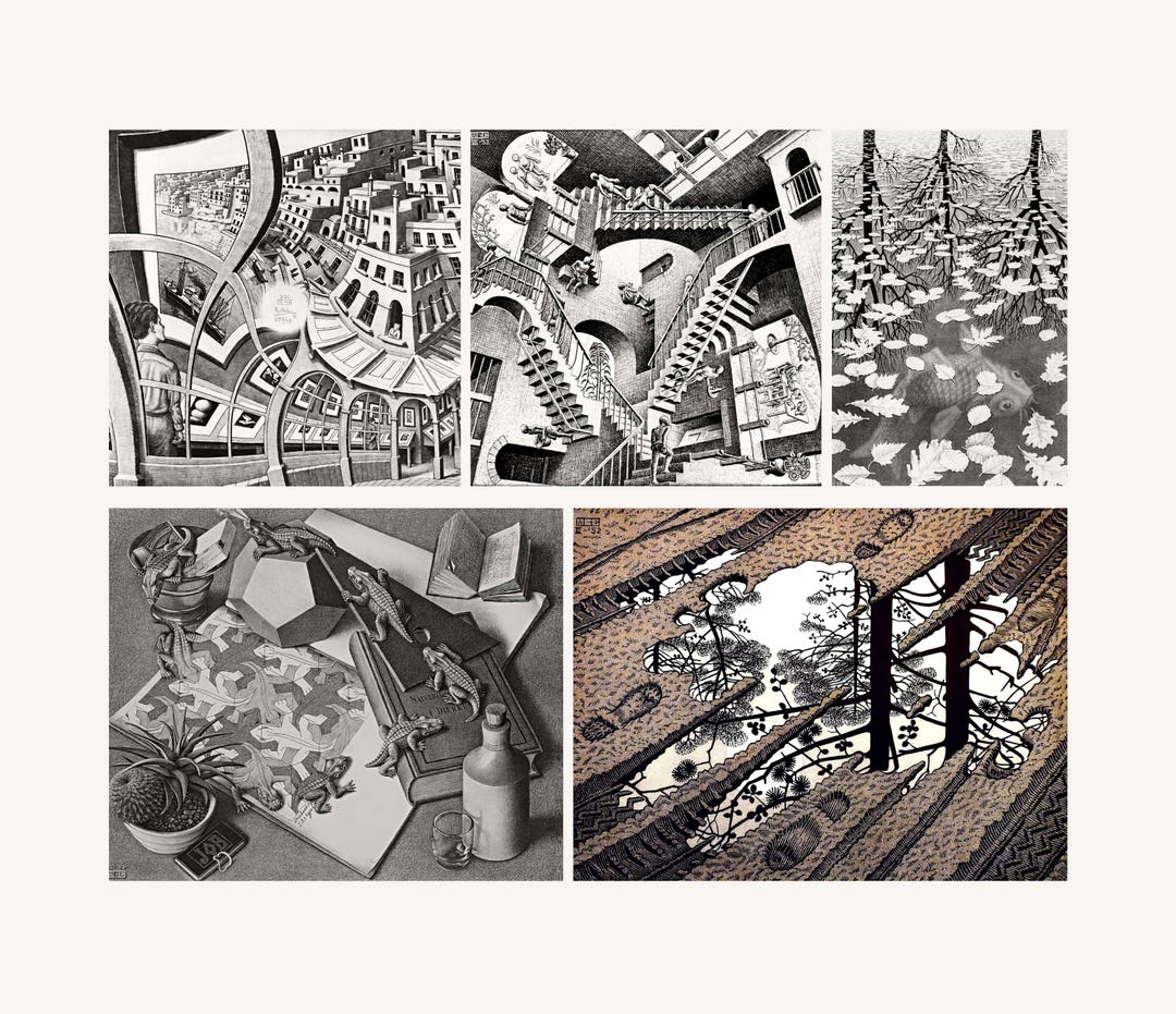 M.C. Escher Set of 5 Surrealist Optical Illusion Art Prints, Digital ...