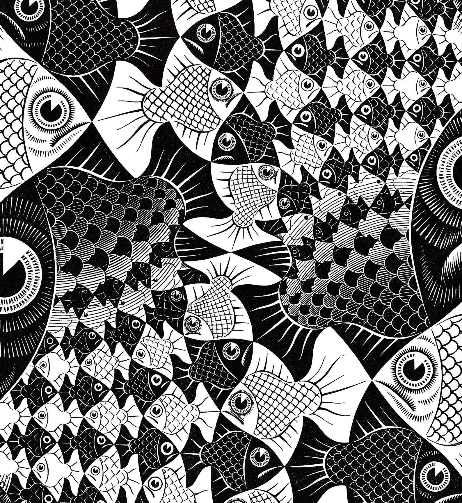 Escher Fishes and Scales Print: Op Art Tessellation, Surrealist Decor ...