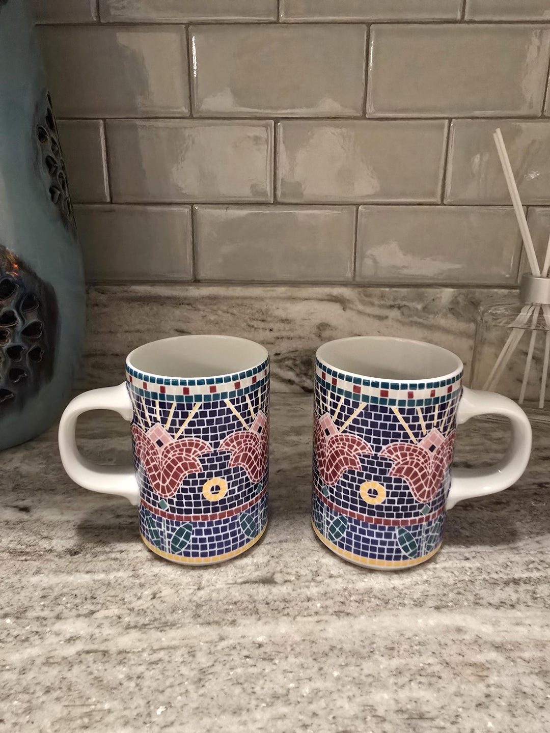 Dansk Signature Mosaic Tile Blue, White With Red and Pink Tulip Flowers ...