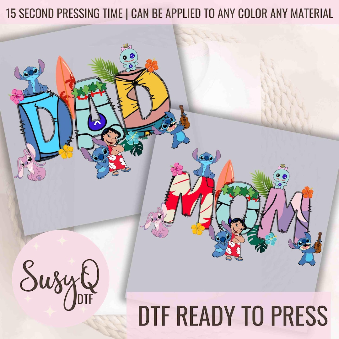 Mom Dad Stitch DTF Transfers, Stitch Disney Transfers, Cute Disney Iron ...