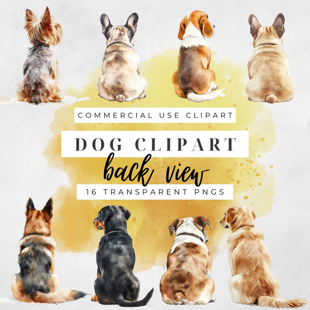 Dog Clipart From Back, Watercolor Dog Breed Clipart, Rear Sitting Dogs ...