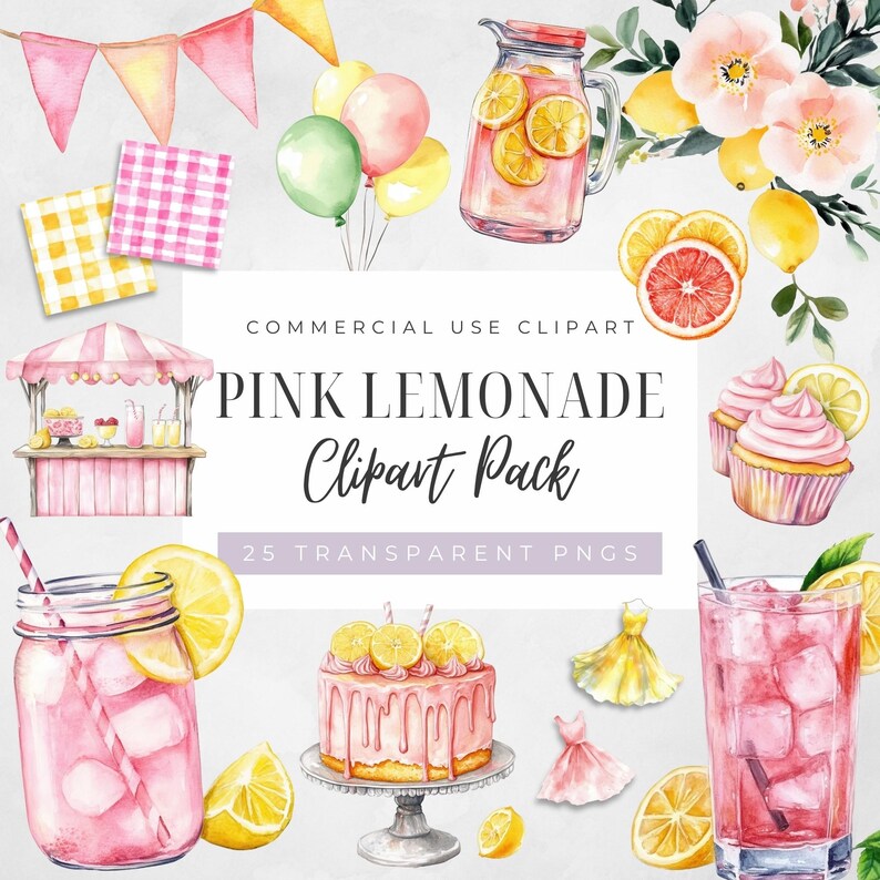 Watercolor Pink Party Clipart Bundle: Balloons, Cake, Textures (digital ...