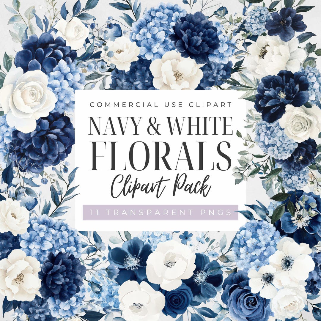 Navy Blue Floral Clipart: Watercolor Flower Pngs, Wedding Invitation ...
