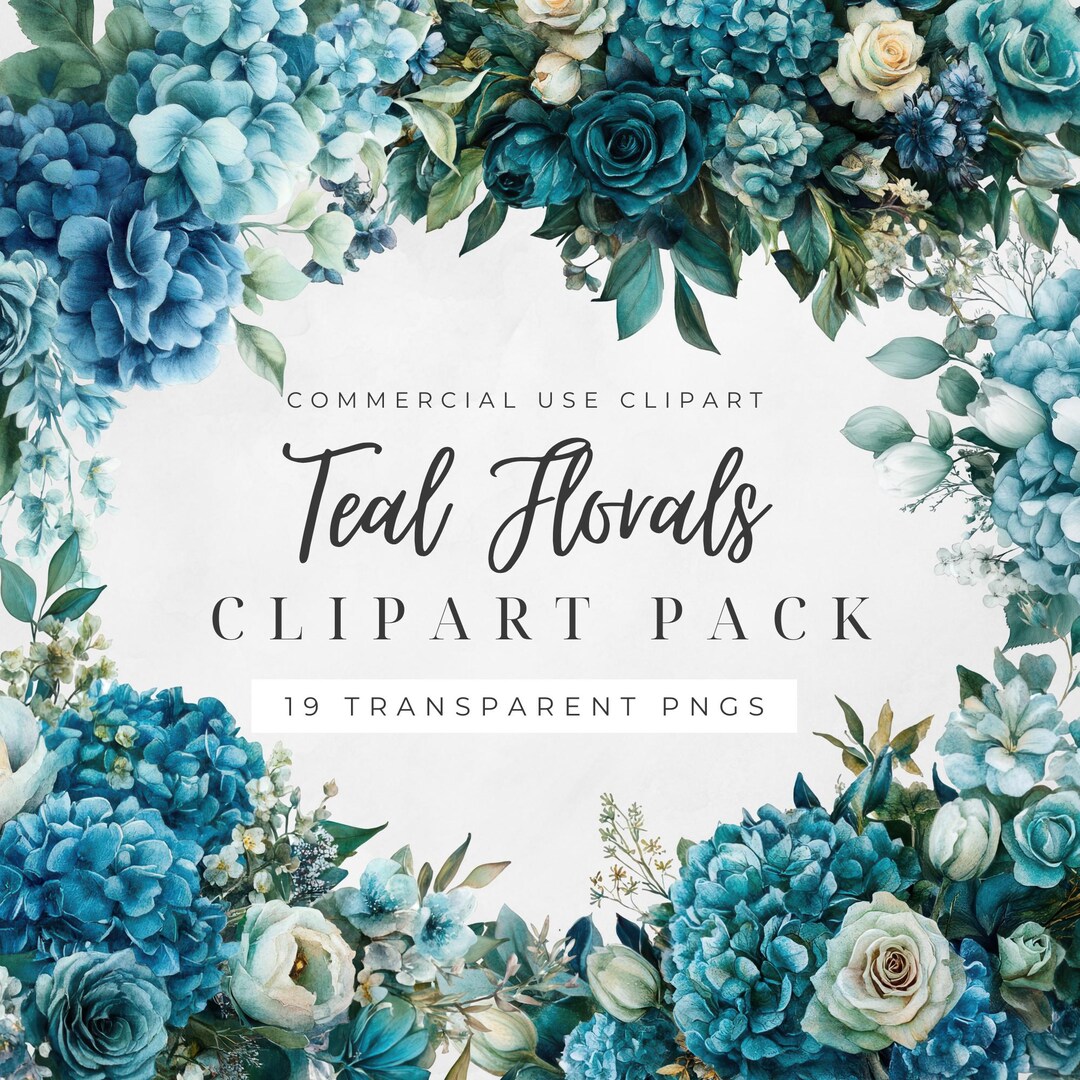 Teal Floral Clipart, Watercolor Clipart, Watercolor Flowers, Commercial ...