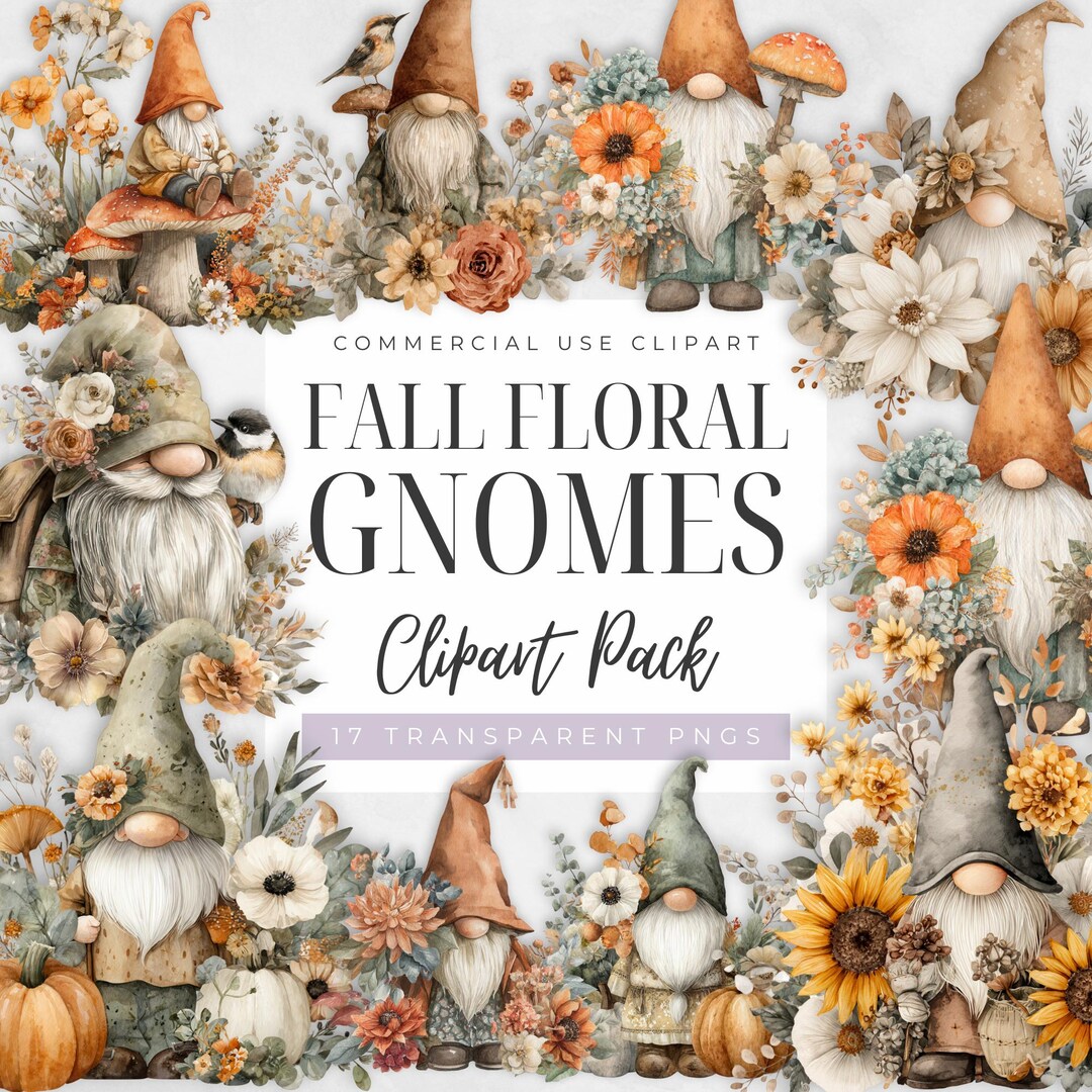 Watercolor Fall Gnome Clipart: Bird, Sunflower, Autumn Florals (digital ...