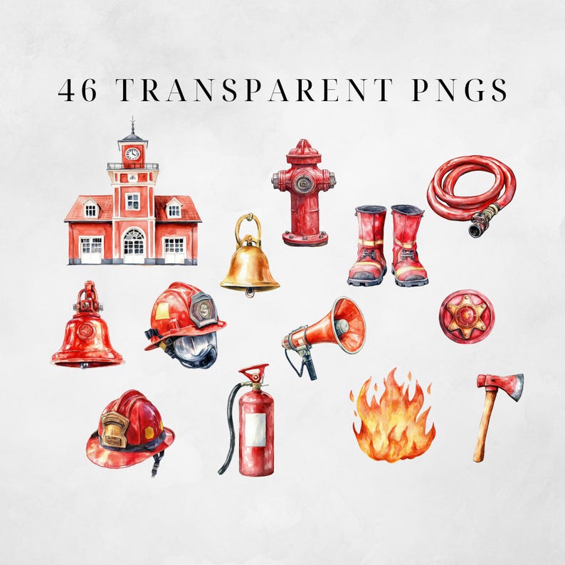 Watercolor Firefighter Clipart: Fire Truck, Dalmatian, Rescue PNG ...