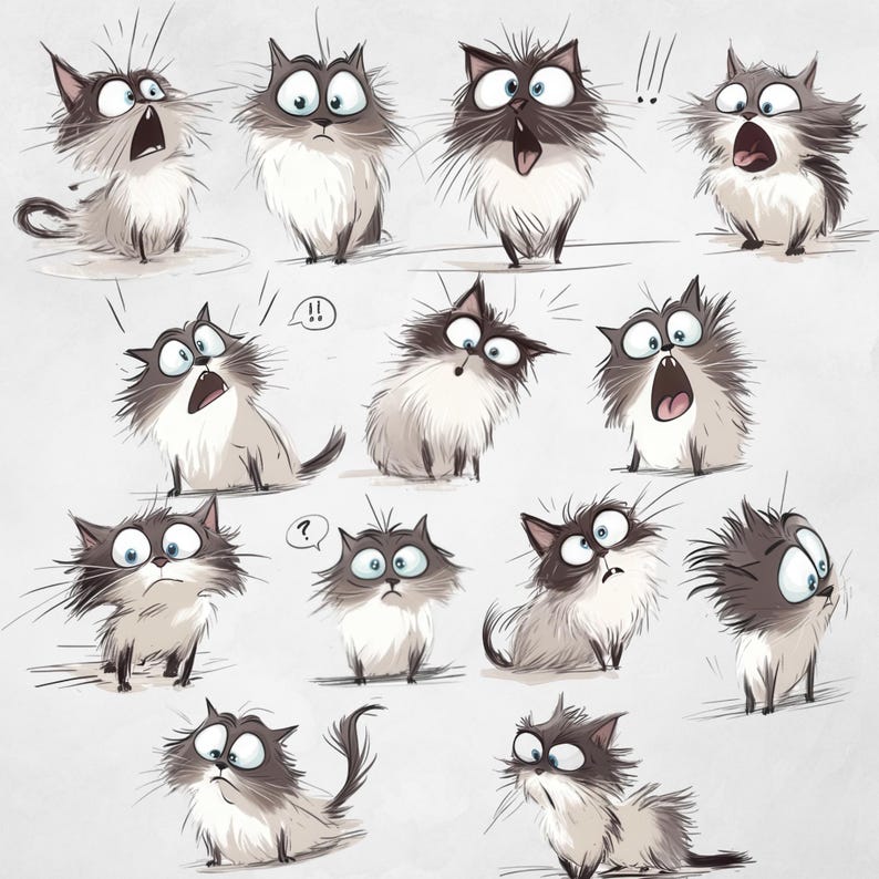 Frazzled Cat Clipart, Funny Cat Clipart, Quirky Cat Clipart, Cartoon ...