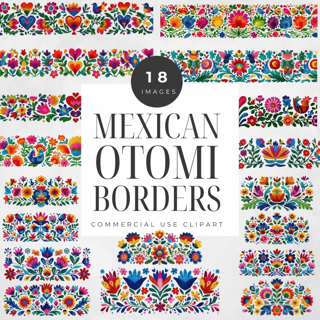 Otomi Floral Clipart Borders, Colorful Mexican Fiesta Design, Cinco De ...