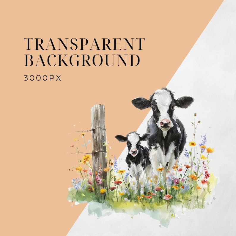 Watercolor Cow Clipart: Barn Animals Clip Art Pngs, Grazing Cattle in ...
