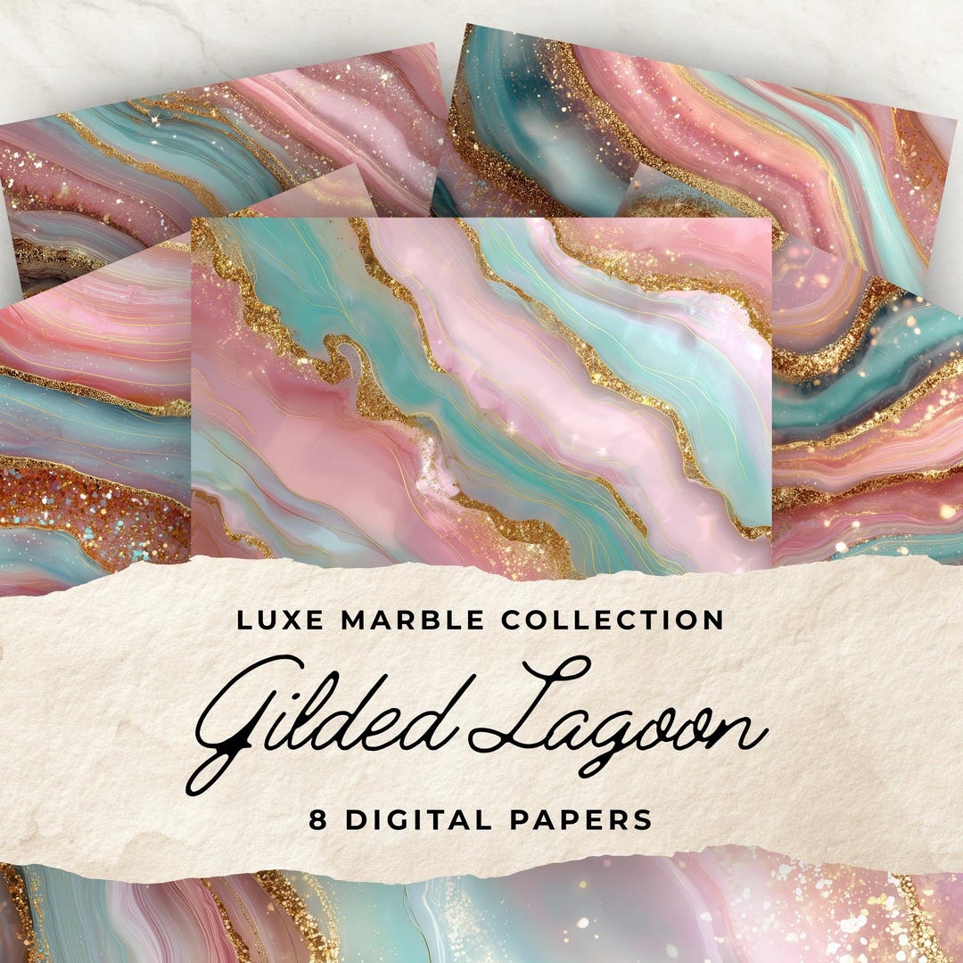 Gilded Lagoon Luxe Marble Digital Papers, Pink Aqua Bronze Glitter ...