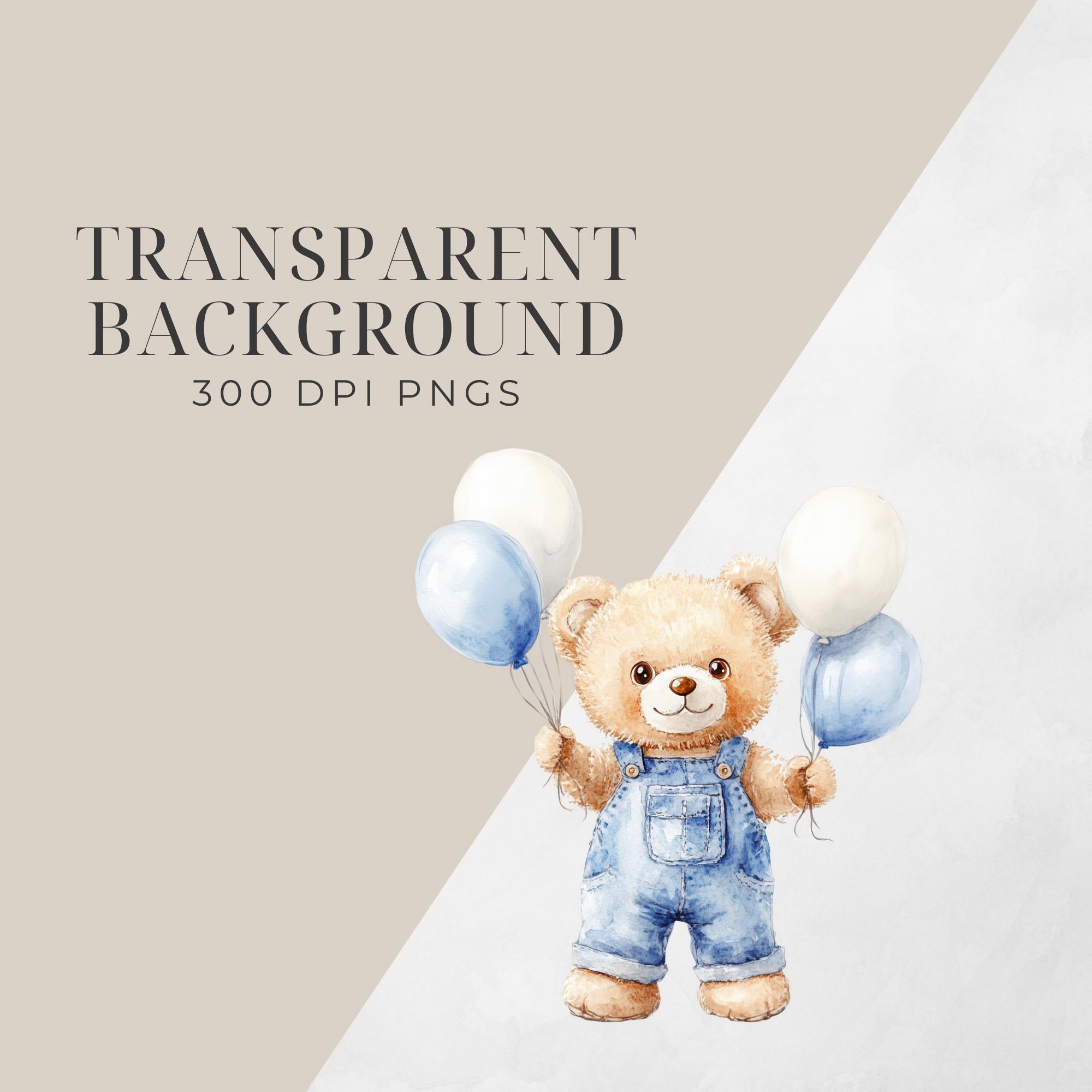 Blue Bear Clipart, Blue and Brown Balloons Bear Clipart, Watercolor ...