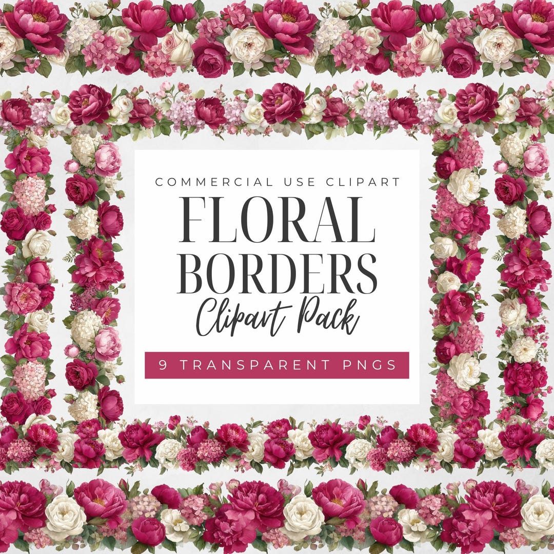 Magenta Floral Clipart Borders, Watercolor Flower Frames, Roses ...