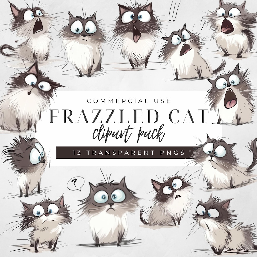 Frazzled Cat Clipart, Funny Cat Clipart, Quirky Cat Clipart, Cartoon ...