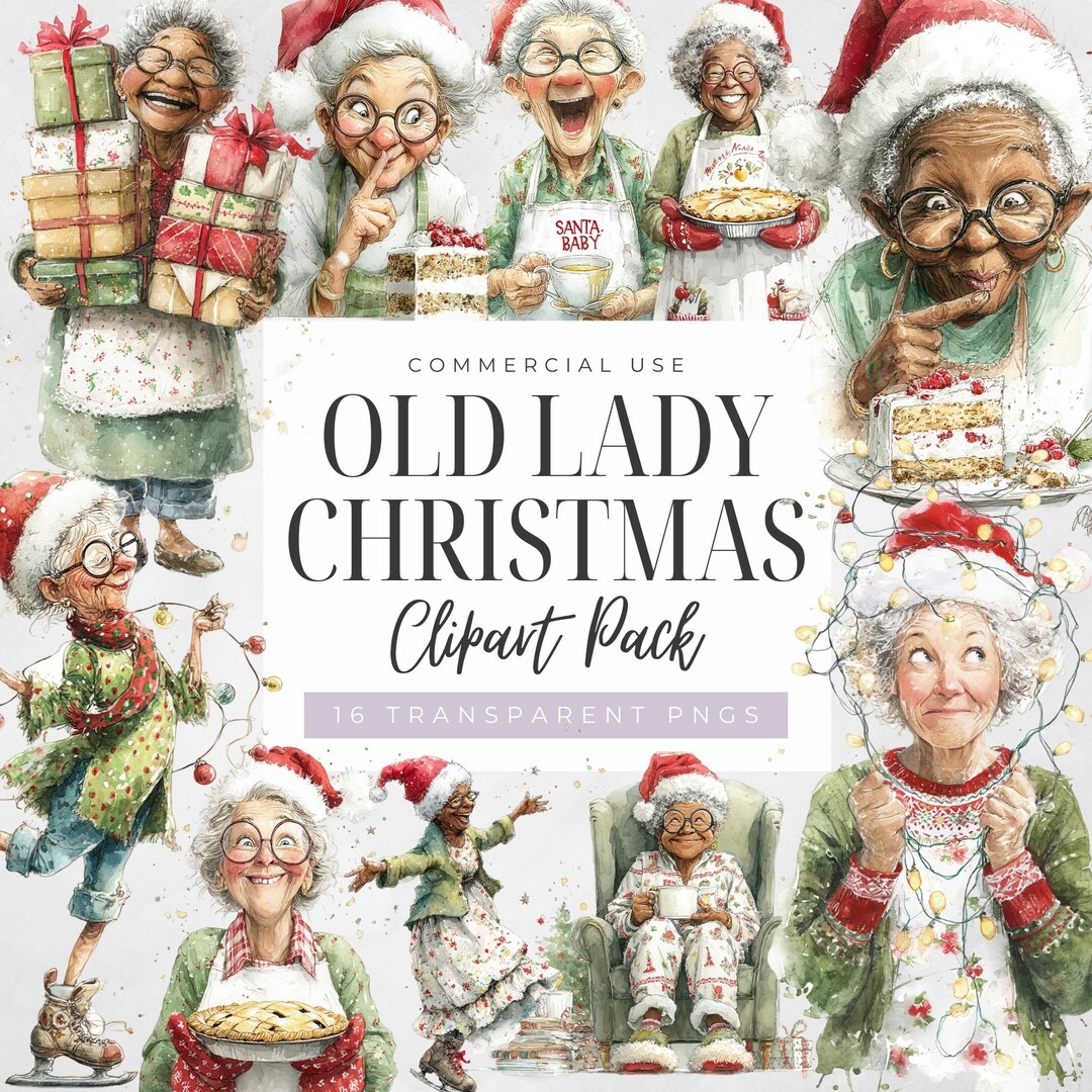 Funny Old Lady Christmas Clipart: Digital Download, Transparent Pngs ...